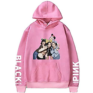 Allfwin Pink Girl's Women Hoodie Lisa Jennie Jisoo Rosé Autographed K-pop Black Long Sleeve Hooded Sweatshirt Jacket Pullover Sweater(Pink-Jennie,Large)