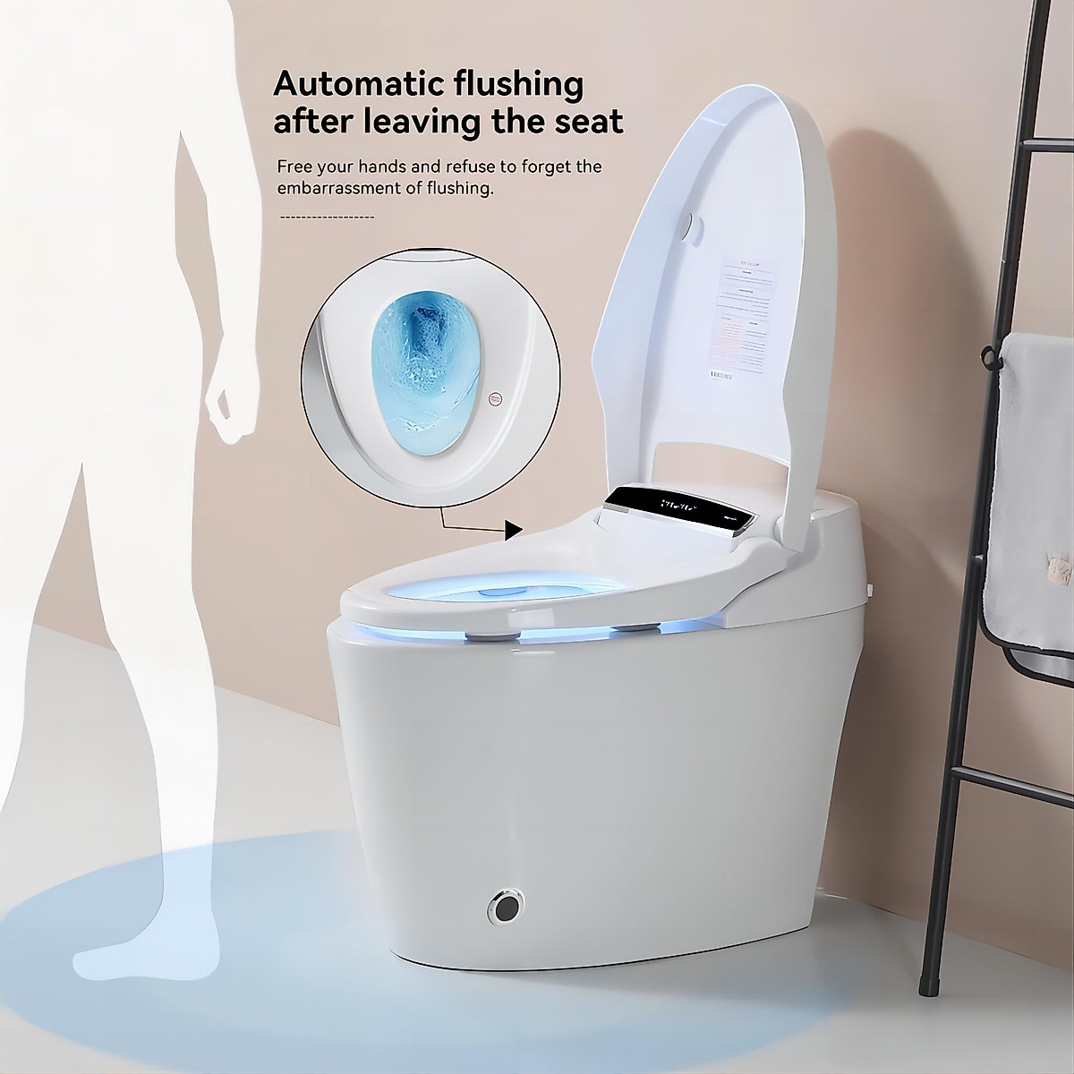 Automatic Flushing, Manual Flipping, Modern Classic Elongated with Dryer, Warm water, Foot Sensor Operation, Heated Bidet Seat, Tankless Smart Toilet with LED Display