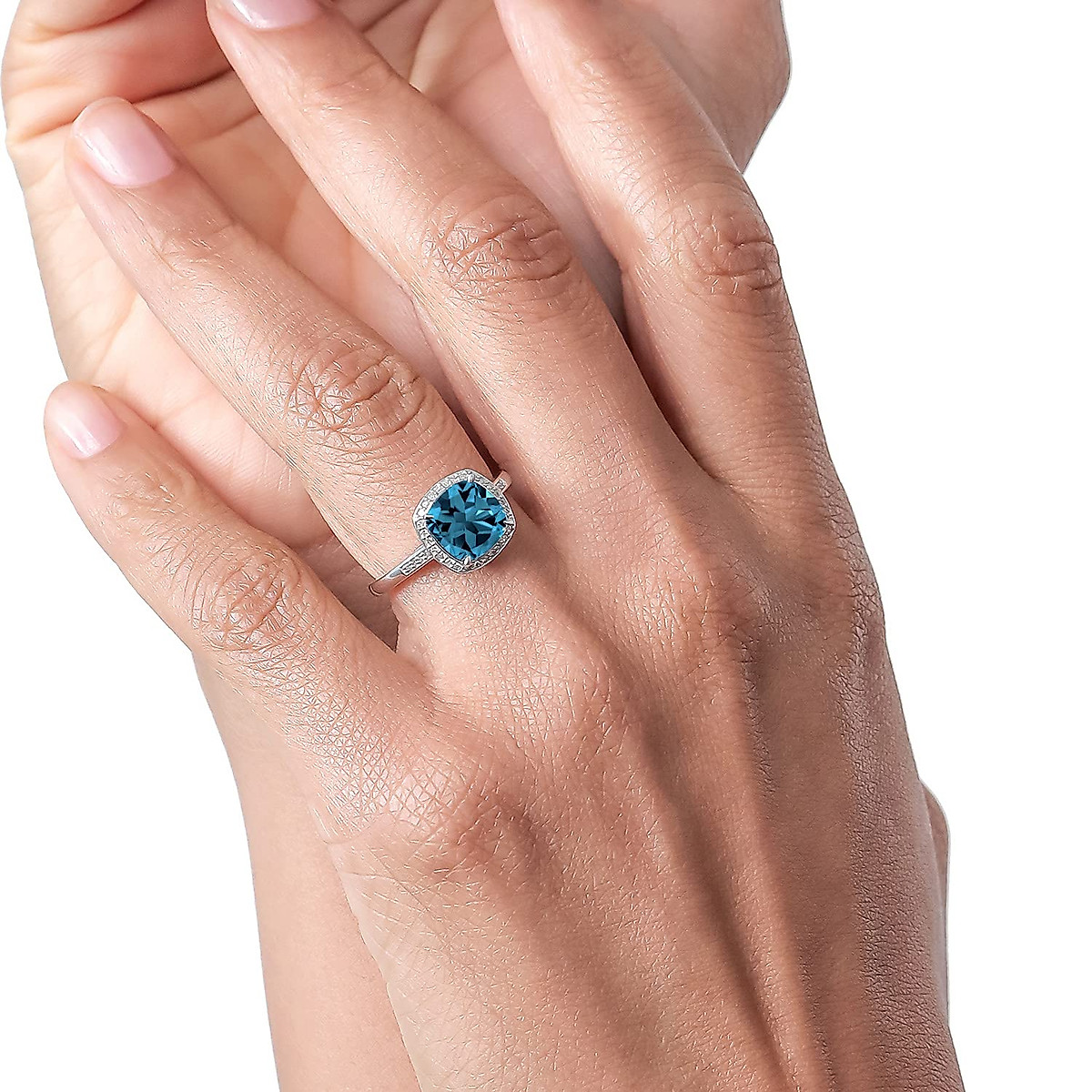 Gem Stone King 10K White Gold Cushion Cut 8MM Gemstone Birthstone and Accent Diamonds Halo Engagement Ring For Women | Wedding Anniversary Promise Ring For Women | Available In Size 5, 6, 7, 8, 9