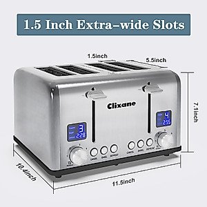 Toaster 4 Slice,1.5"Extra Wide Slot Stainless Toaster with Bagel Defrost Cancel Function, Dual Screen, Removal Crumb Tray (Stainless steel)