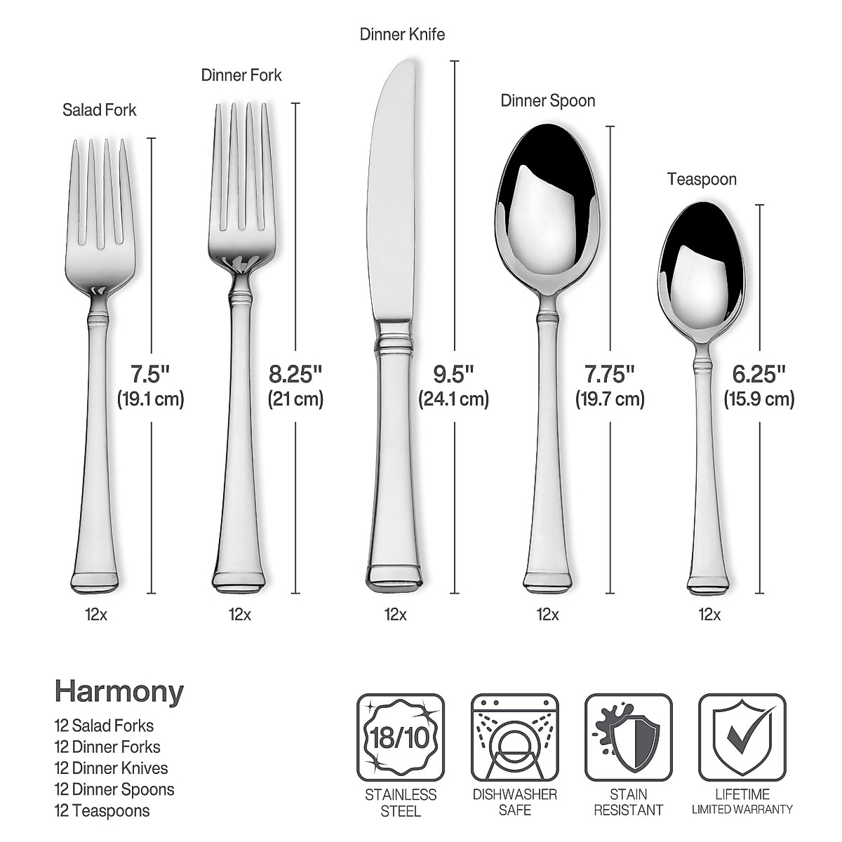 Mikasa Harmony 65 Piece Silverware Set, 18.10 Polished Mirror Stainless Steel, Service for 12 with Set