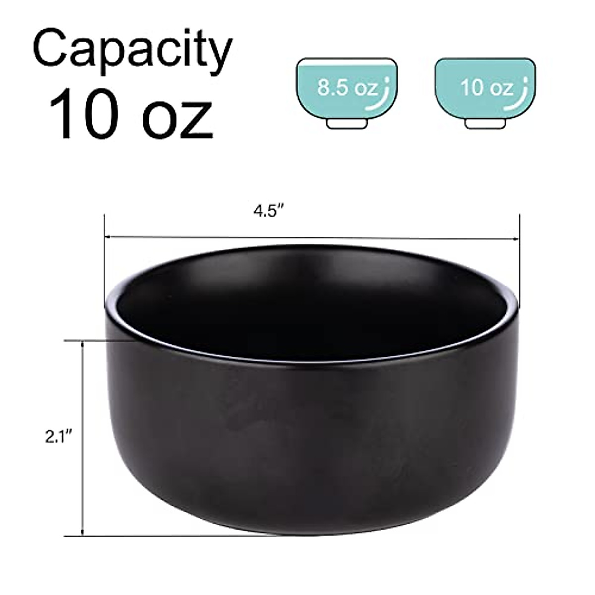 Aquiver 10 Ounces Ceramic Bowl Set - Porcelain Matte Small Bowls - Side Dishes for Desserts, Ice Cream, Snacks, Condiments, Souffle, Yogurt, Soup - Dipping Sauce Bowl Set of 4 (Black)