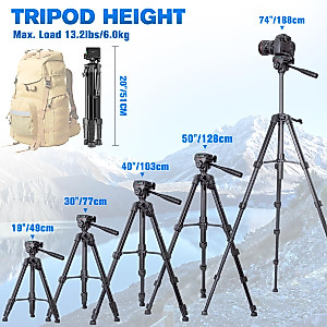 Camera Tripod, 74" DSLR Camera Tripod with 2 QR Plates for Sony/Nikon/Canon, Lightweight Video Tripod Stand for Travelling, Phone Tripod with Fluid Head/Phone Holder/Wireless Remote Max.Load 6kg 175