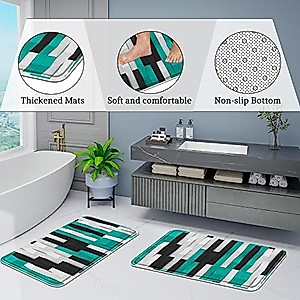 YOKYHOM Green Bathroom Sets with Shower Curtain and Rugs, 3 Piece Striped Bathroom Shower Curtain Sets with Rugs, Incl 71'' x 71'' Shower Curtain with 12 Hooks, 2 Pcs 30'' x 18'' Non Slip Bath Mats