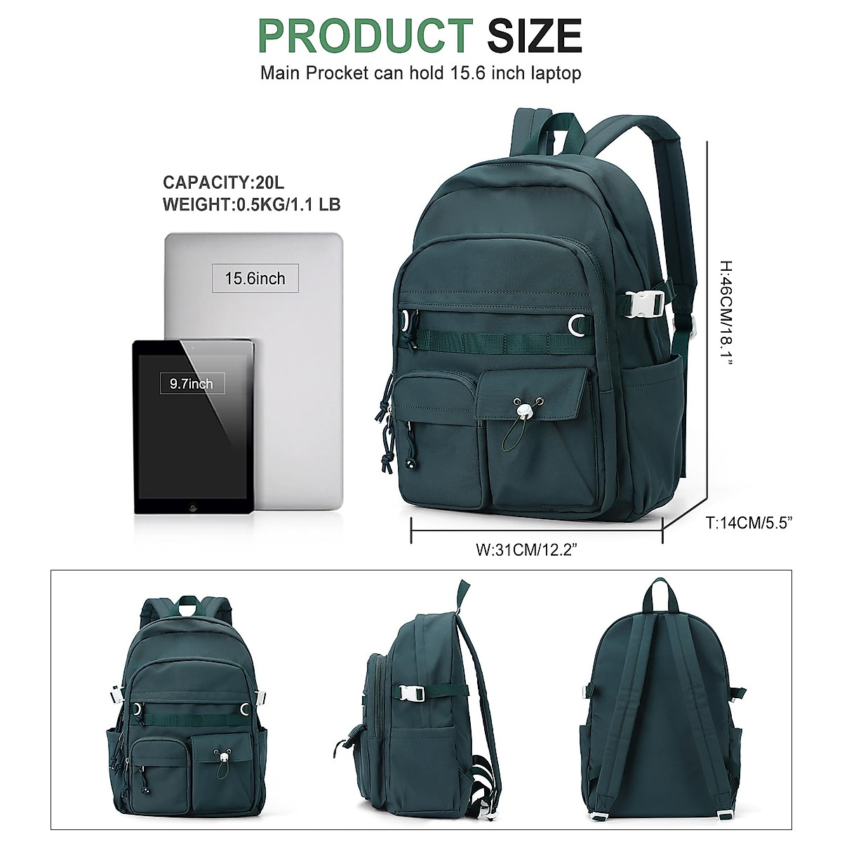 weradar Cute Bookbag For Teen Girs Boys,Middle Students Travel Backpack,Casual Daypackas Backpack For Women Men,Aesthetic School Backpacks With Lots of Pockets(Green)