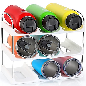 [ Large Compartment ] 3 Tier Stackable Water Bottle Organizer for Cabinet - 9 Bottle Holder Rack for Tumblers, Cups, Wine Bottles - Home Storage, Kitchen Organization Shelf for Countertop, Cupboard