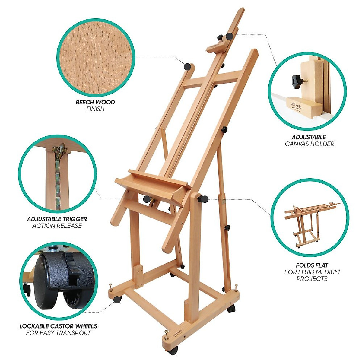 Mont Marte Tilting Studio Wooden Floor Easel. Height Adjustable Extra Large H-Frame Featuring a Large Tilt Range. Castor Wheels Allow Easy Movement and Can Be Locked into Place.