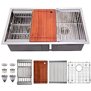 TopCraft Kitchen Sink Workstation Double Bowl 33-inch Undermount 16 gauge Kitchen Sink Stainless Steel Kitchen Sink with Integrated Ledge 60/40 Kitchen Sinks - HRO3319GSS