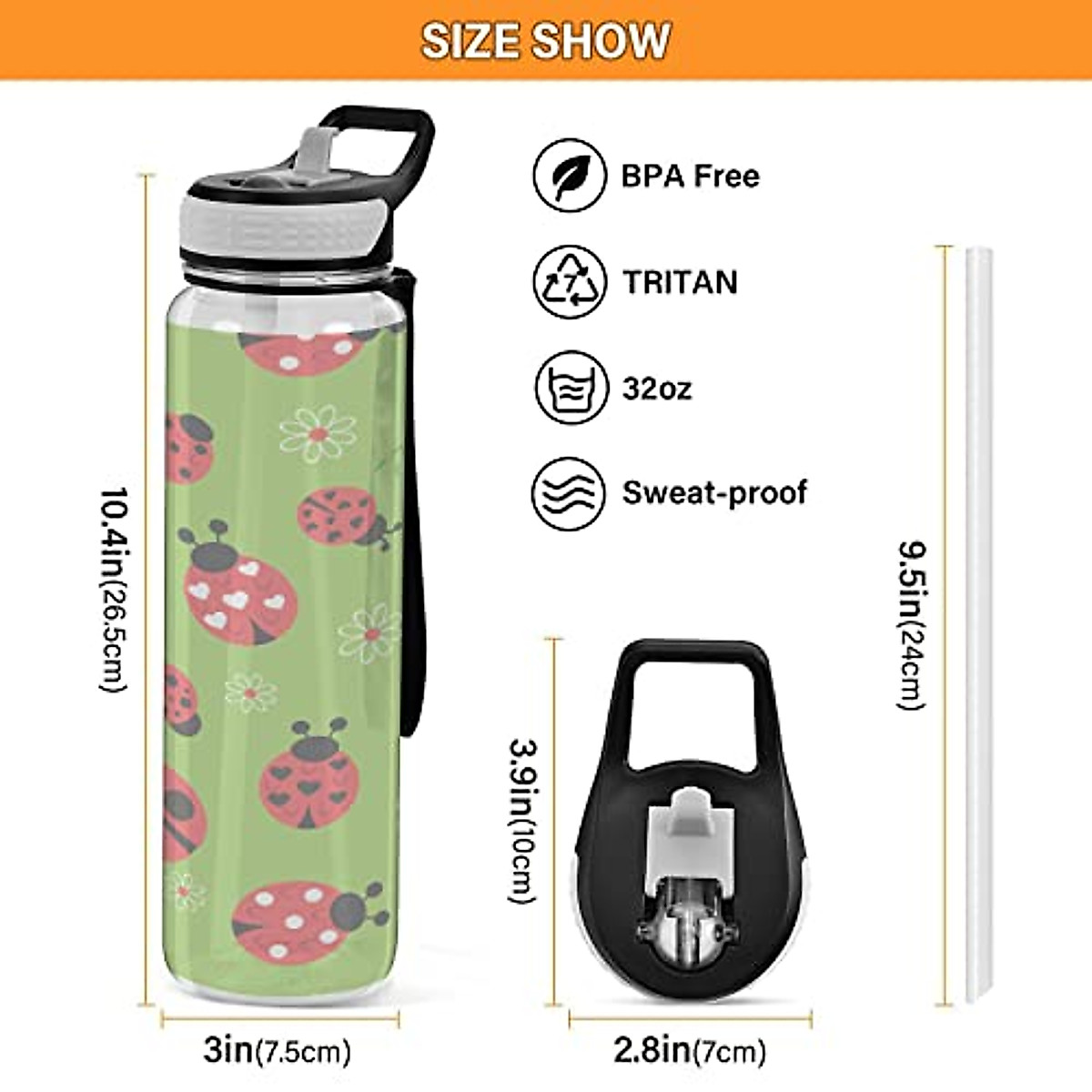xigua Ladybug Water Bottle with Straw Lid,32 oz Leakproof Sport Water Bottle with Wide Handle for Gym,Cycling,School,Travel