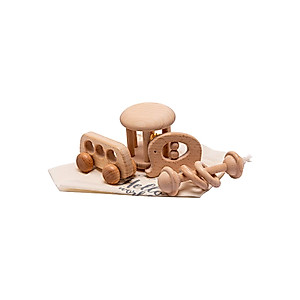 Wooden Baby Toys Montessori Toys Set Wooden Rattles Grasping Toys Wood Ring 4pcs,Car Toy Set