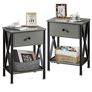 VECELO Nightstands Set of 2, Modern Bedside End Tables, Night Stands with Drawer and Storage Shelf for Living Room Bedroom, Industrial Metal Frame, Dark Gray