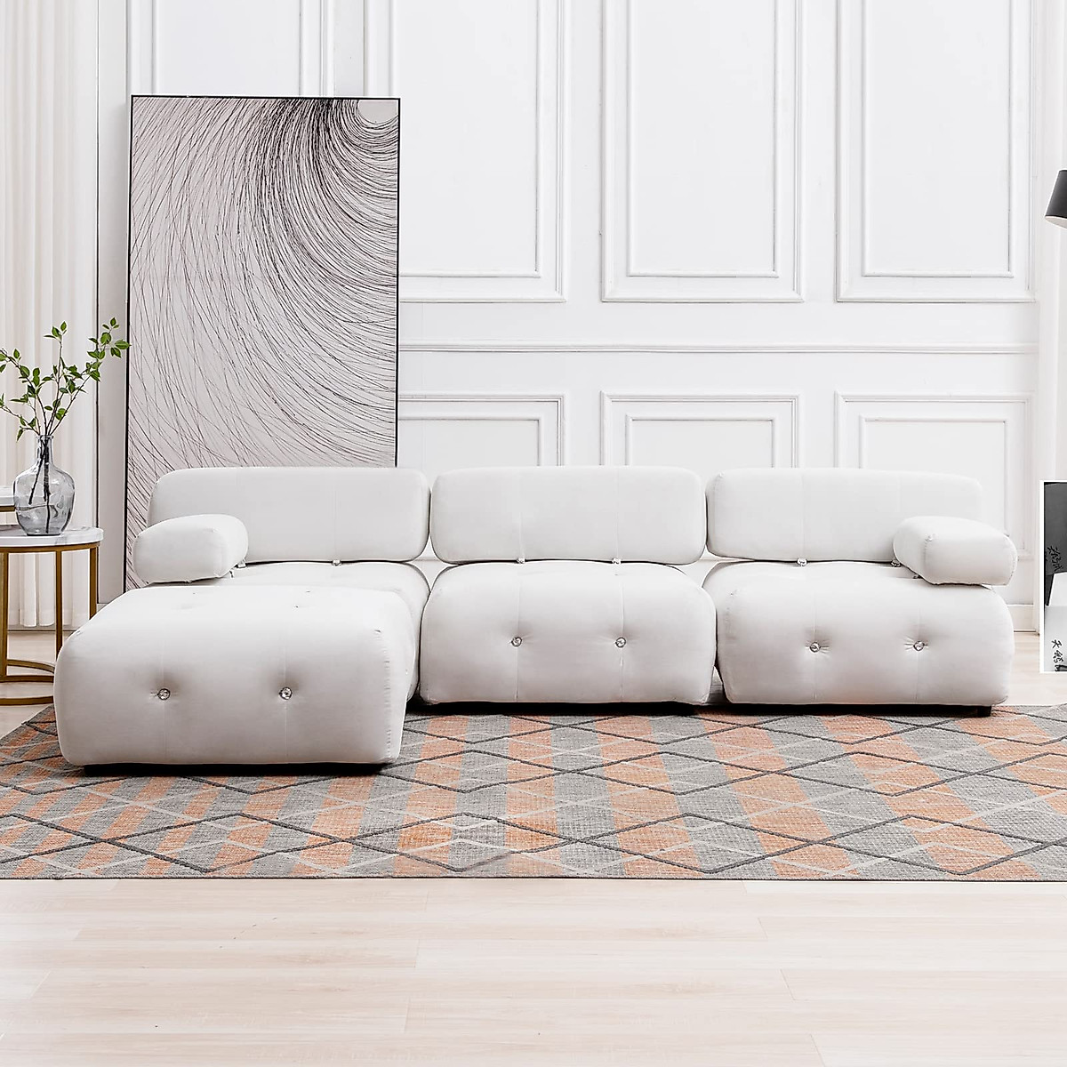 Mjkone Modular Sectional Sofa with Reversible Chaise, Velvet L Shaped Cloud Couch with Reversible Ottoman, 4 Seater Couch Button Tufted Designed Cloud Sofa, DIY Combination Sofa for Living Room,Beige