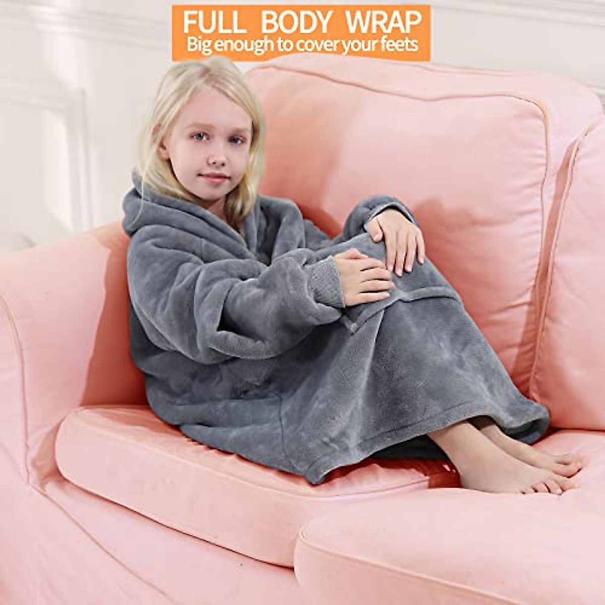 huayoute Oversized Blanket Hoodie Kids Wearable Blanket Sweatshirt for Teens Boys Girls,Super Soft Warm and Cozy Hooded Blanket Thick Flannel Blanket with Sleeves and Giant Pocket(Grey