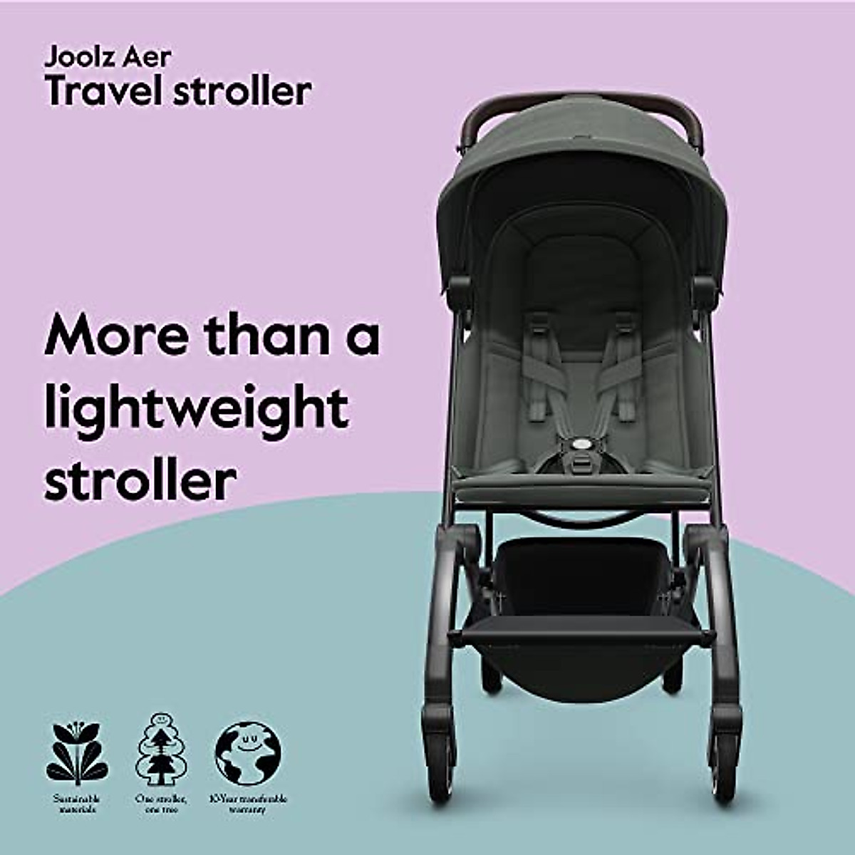 Joolz AER Premium Stroller for Babies from 6 Months up to 50 lbs, Compact & Comfortable, Lightweight, One-Handed Quick Fold, XXL Sun Hood, Raincover & Travelbag Included - Mighty Green