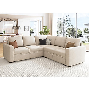HONBAY Modular Sectional Sleeper Sofa with Pull Out Bed, L Shaped Sectional Couch with Storage Seat, Convertible Sectional Couches for Living Room, Beige