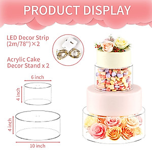 2PCS Acrylic Fillable Cake Stand Cake Riser Cake Tier, Round Cylinder Display Riser Display Box, Decorative Centerpiece for Wedding Birthday Party (10" Dx4 H inch, 6" Dx4 H inch, 2M LED Lights)