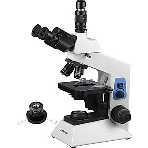 AmScope T580B-DK Professional Compound Trinocular Microscope, WF10x and WF20x High-Point Plan Eyepieces, 40X-2000X Magnification, Brightfield/Darkfield, Halogen Illumination, Abbe Condenser, Double-Layer Mechanical Stage, High-Contrast Optics, Anti-Mold