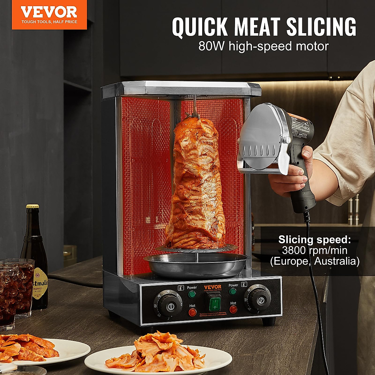 VEVOR Electric Shawarma Knife, 80W Professional Turkish Kebab Knife, Commercial Stainless Steel Gyro Cutter, Doner Kebab Meat Slicer with 2 Blades, Φ4/100mm Blade Diameter, 0-8mm Adjustable Thickness