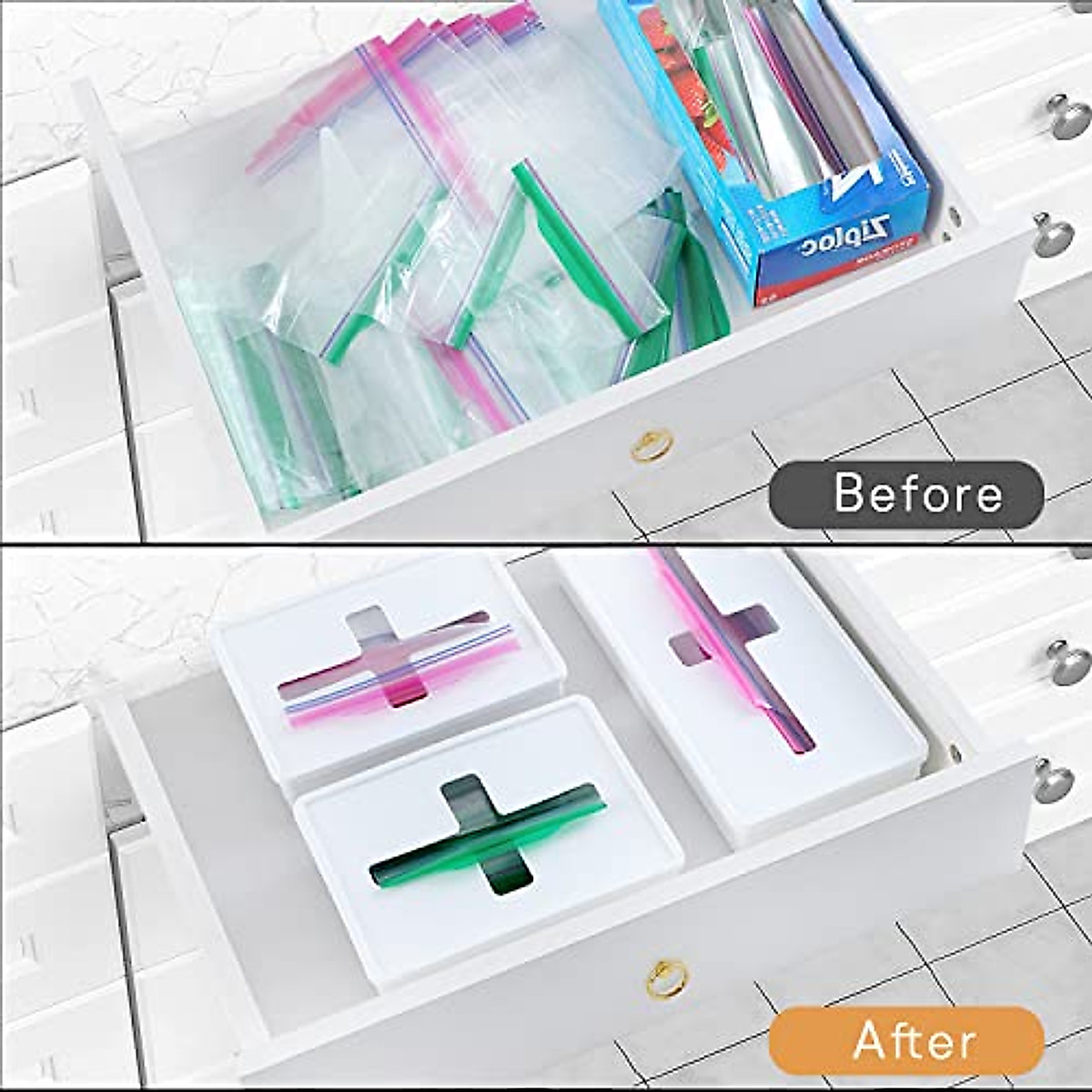 Ziplock Bag Organizer for Kitchen Drawer Pantry, 4 PC Plastic Bag Storage Organizer Container with Openable Top Lids, Suitable for Gallon Quart Sandwich Snack Bags