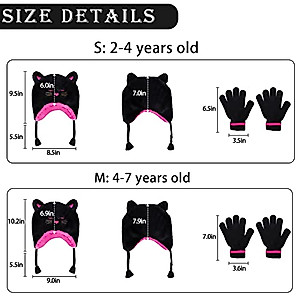 Toddler Cat Ear Winter Hat and Gloves for Girls, Fleece Lined Hat & Kids Mittens Set for Ages 4-7 Black