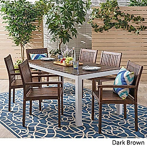 Christopher Knight Home Noe Outdoor 7-Piece Acacia Wood Dining Set, Dark Brown and White