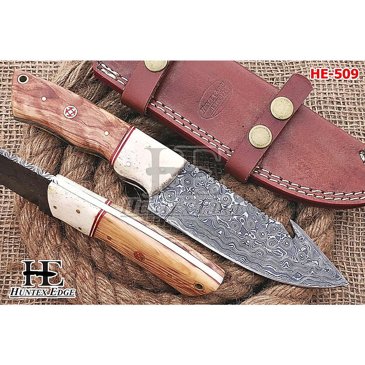 HUNTEX Handmade Hand-Forged Rain Drop Pattern Damascus Steel 9.5 Inch Long Full Tang Olive Wood Handle Razor Sharp Hunting Camping Gut Hook Knife w/Genuine Leather Pouch