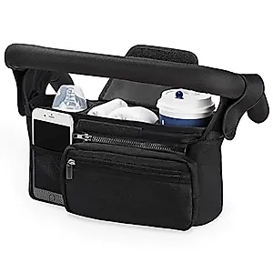 PATPAT Universal Stroller Organizer with 2 Insulated Cup Holders Detachable Zippered Bag Mesh Pocket & Adjustable Shoulder Strap Fits For All, Black
