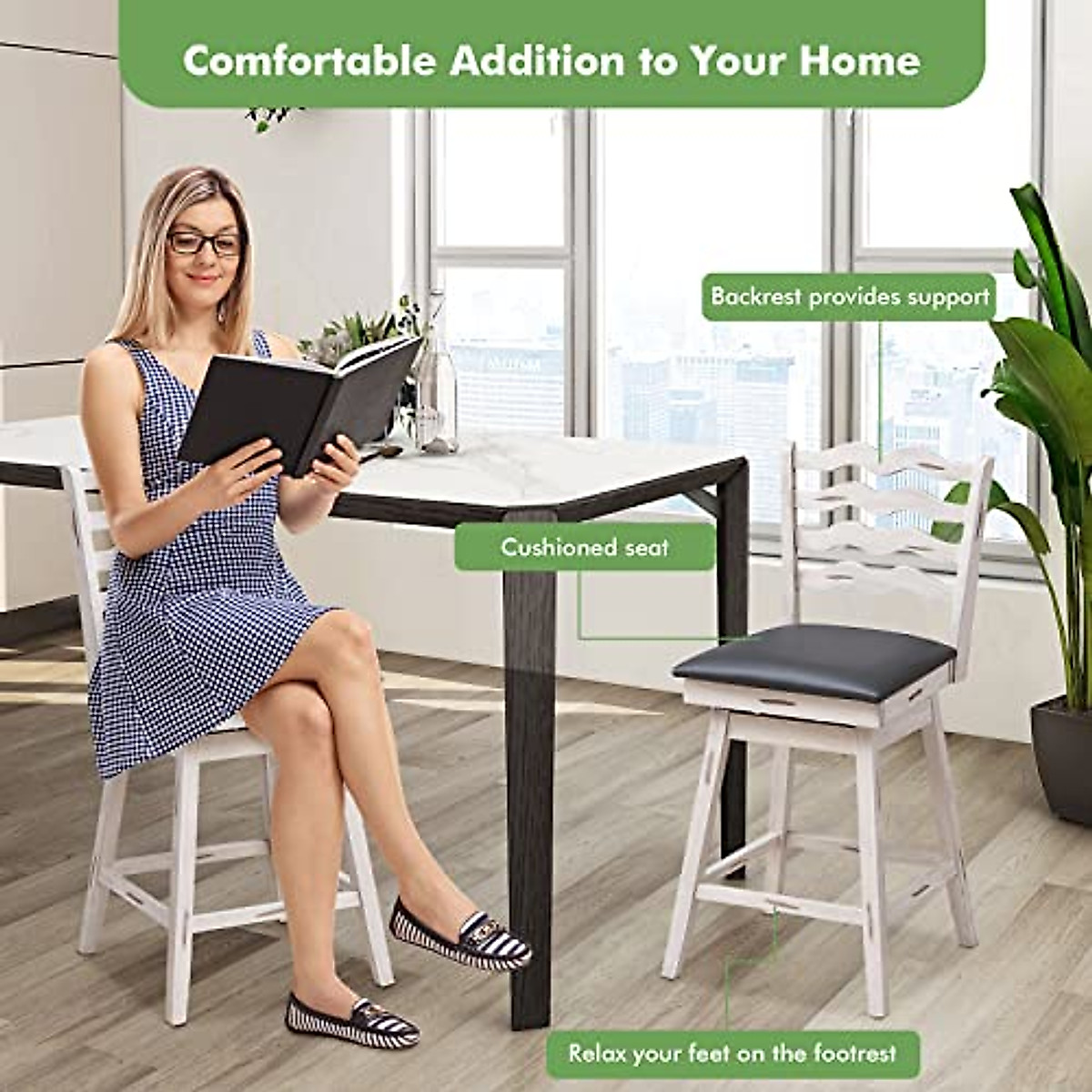 COSTWAY Bar Stools Set of 2, 25” 360° Swivel Counter Height Chairs with Rubber Wood Frame, Cushioned Seat, Ergonomic Backrest & Footrest, Wooden Upholstered Barstools for Kitchen Island (2, 25”)