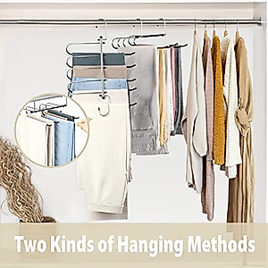 Pants Clothes Hangers Space Saving, RELBRO 2 Packs Multifunctional Pants Rack Hanger Black Stainless Steel Pants Jeans Hangers 5 Layered Closet Organizer for Pants Scarfs Slacks Towels Ties