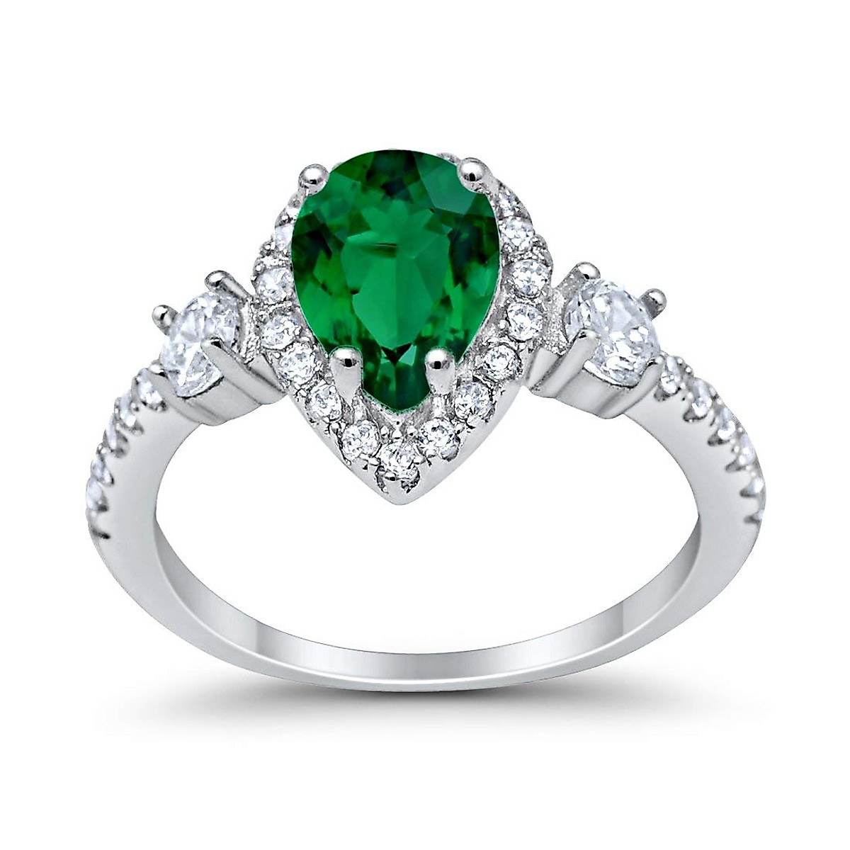 Blue Apple Co. Simulated Green Emerald CZ Size-11 Halo Teardrop Fashion Bridal Ring Pear Round Simulated Cubic Zirconia 925 Sterling Silver