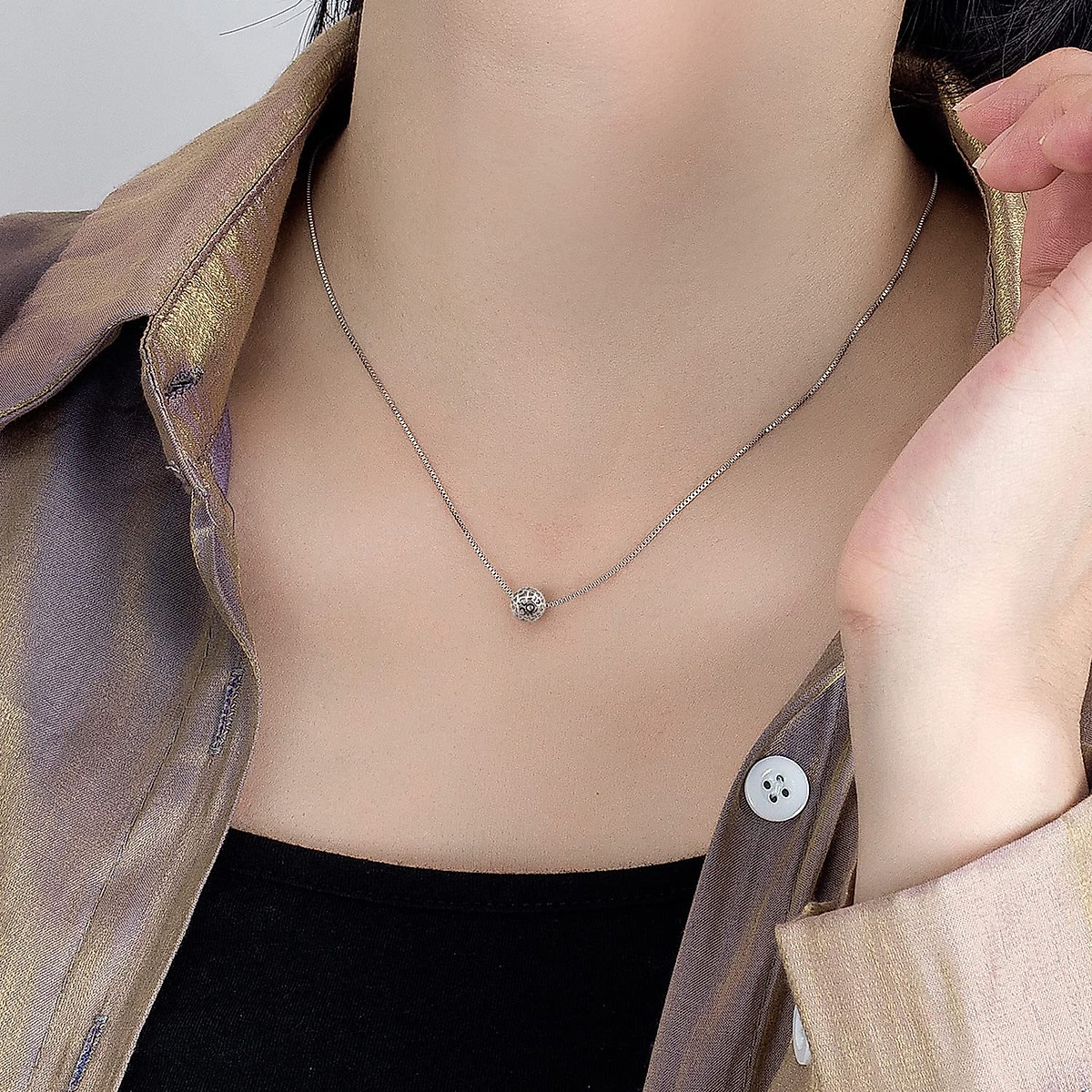 Dankadi Women 925 Sterling Silver Necklace - Pattern Hollow Ball Pendant Choker- Charm Box Chain 17" - Italian Silver Fine Jewelry Gift