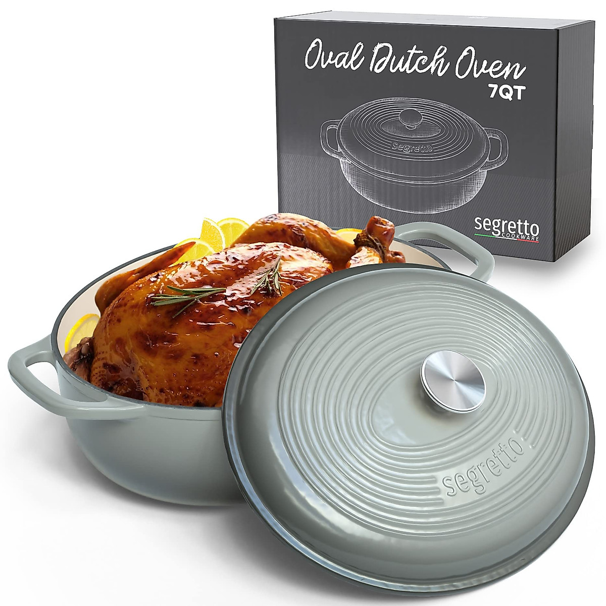 Segretto Cookware Enameled Oval Cast Iron Dutch Oven with Handle 7-Quarts Grigio Scuro (Gray) 7 qt Oven Safe Dutch Oven Pot With Lid Enamel cast Iron Dutch Oven Cast Iron Pot Cookware for Bread Baking
