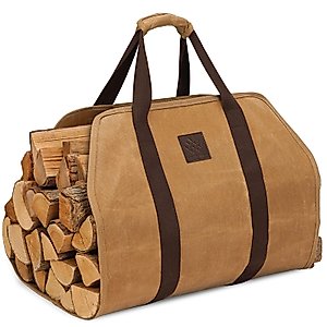 WILLOW WEAVE Firewood Carrier Bag, Khaki Color, Water-Resistant, 40" L x 19" W, with Padded Handle, Cross-Stitched Straps, Foldable Design