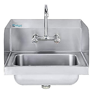 Chingoo Stainless Steel Sink with Faucet and Side Splash Commercial Wall Mount Hand Sink for Restaurant, Kitchen and Home, 17 x 15 Inches