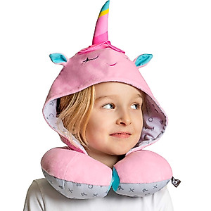 BENBAT Hooded Travel Pillow Neck Support – Soft, Polyester Total Car Seat Head Support for Children 4+ with Magnetic Closure and Ponytail Hole – Machine-Washable Travel Essentials (Unicorn)