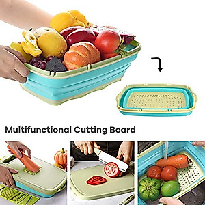 Collapsible Cutting Board, HI NINGER Foldable Chopping Board with Colander, 9-In-1 Multi Chopping Board Kitchen Vegetable Washing Basket Silicone Dish Tub for Camping, Picnic, BBQ, Kitchen-Green