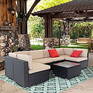 SUNCROWN 7-Piece Outdoor Sectional Sofa Couch - PE Rattan Wicker Modular Patio Furniture Conversation Set with Glass Coffee Table and Furniture Cover - Beige