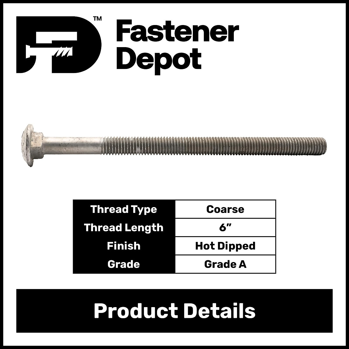 3/4"-10 x 9 Hot Dipped Galvanized Carriage Bolt, Grade A, 6" of Thread, Quantity 20 - by Fastener Depot, LLC