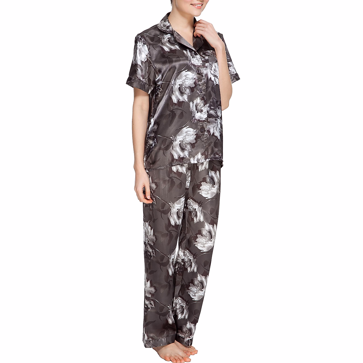 Lavenderi Women's Short Sleeve Classic Satin Pajama Set（X-Large,Silver
