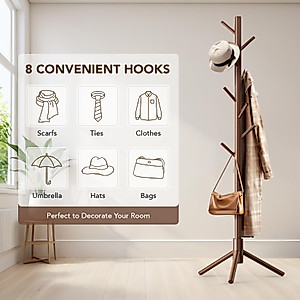 Hupmad Wooden Tree Coat Rack Stand,Sturdy Freestanding Coat Rack with 8 Hooks,3 Adjustable Height for Child Adult,Wood Coat Stand Tree Fits Entryway Bedroom Office for Bags,Hats