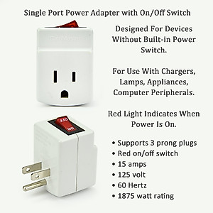 3 Prong Grounded Single Port Power Adapter for Outlet with Indicator Lighted On/Off Switch to be Energy Saving (1 Pack)
