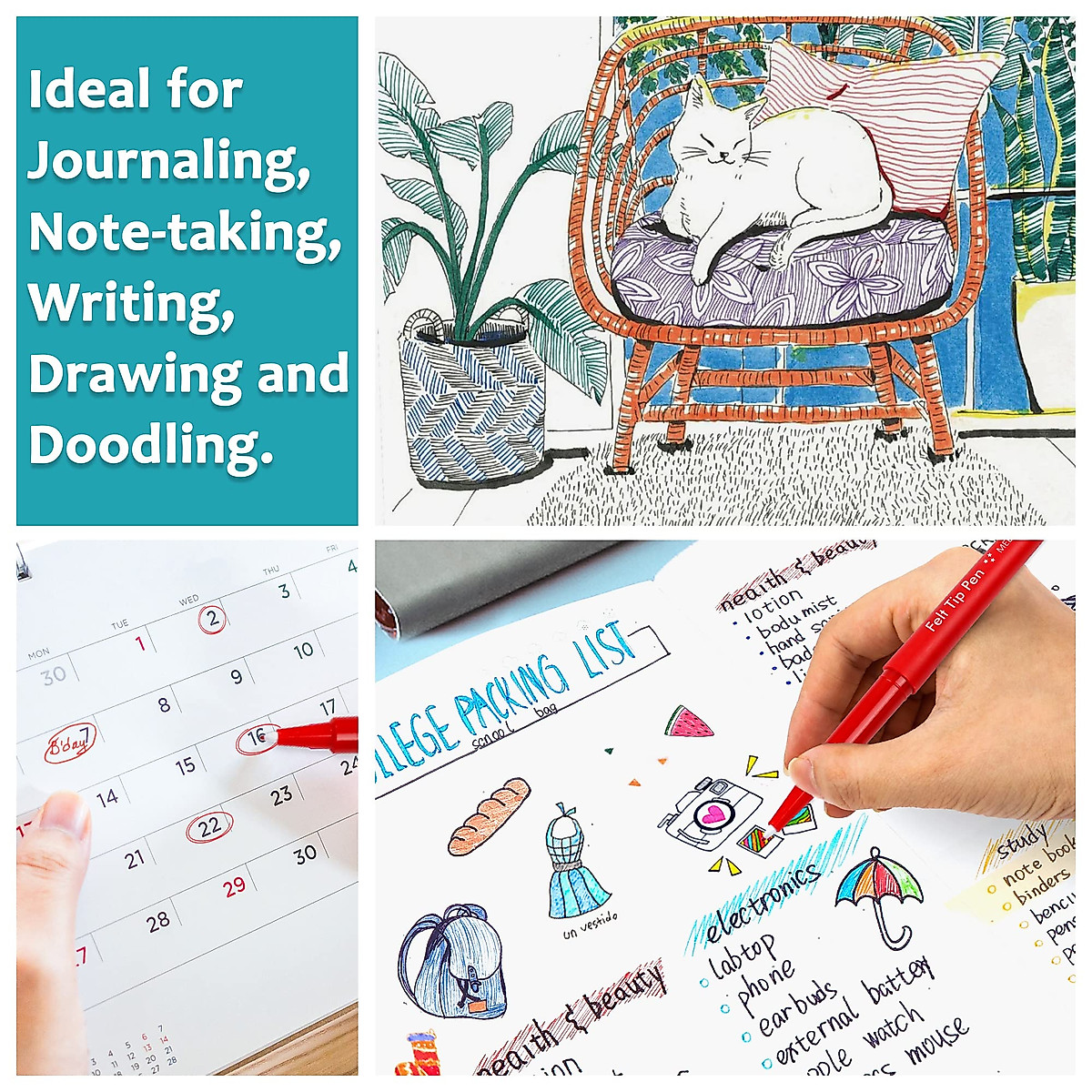 Lelix 30 Colors Felt Tip Pens, Medium Point Felt Pens, Assorted Colors Markers Pens For Journaling, Writing, Note Taking, Planner Coloring, Perfect for Art Office and School Supplies