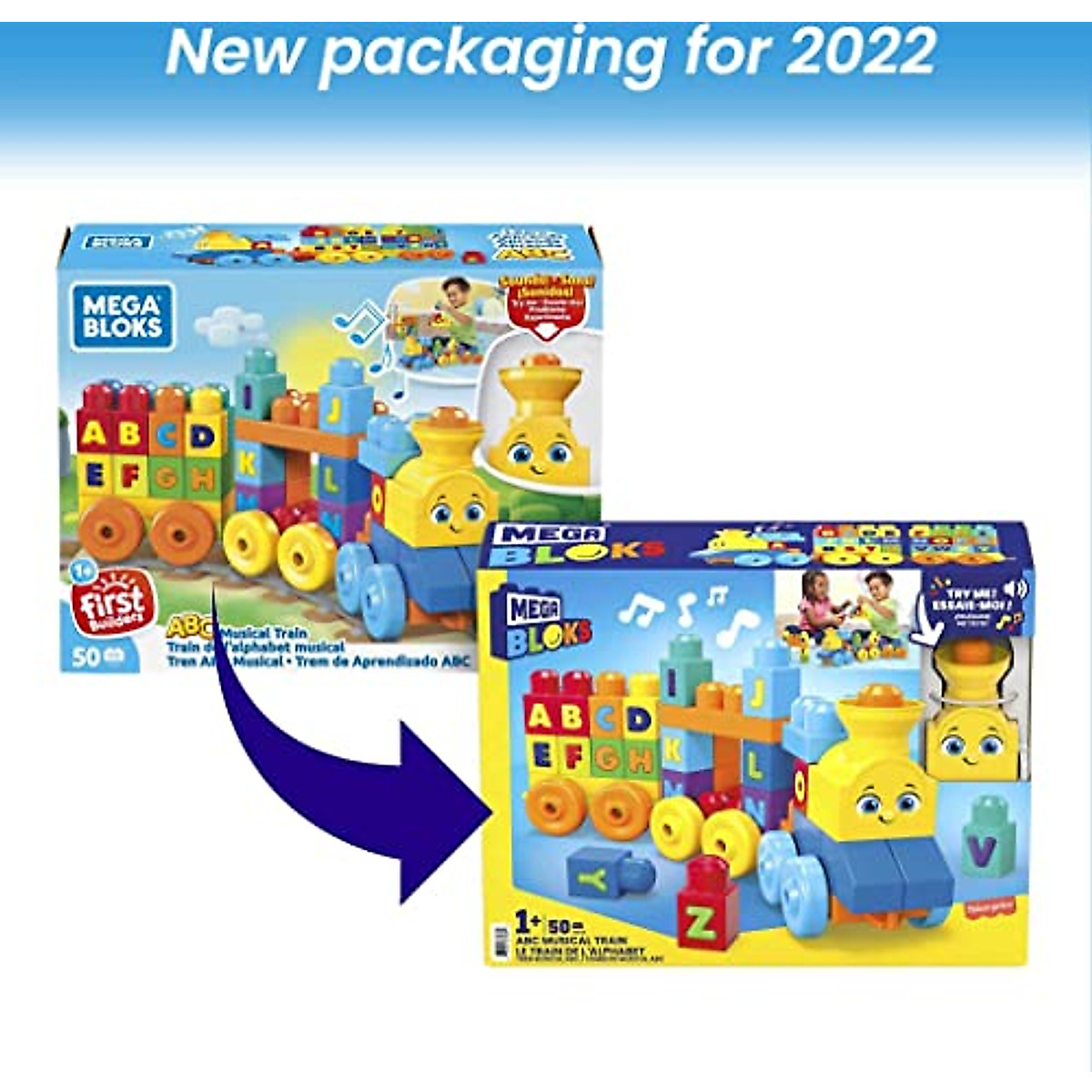 MEGA BLOKS Fisher-Price ABC Blocks Building Toy, ABC Musical Train with 50 Pieces, Music and Sounds for Toddlers, Gift Ideas for Kids Age 1+ Years