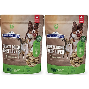 (Pack of 2) Nutri Bites Freeze Dried Beef Liver Treats for Dogs & Cats - High-Protein, Grain Free, Easy to Digest - Proudly Made in Canada - 500g / 17.6oz
