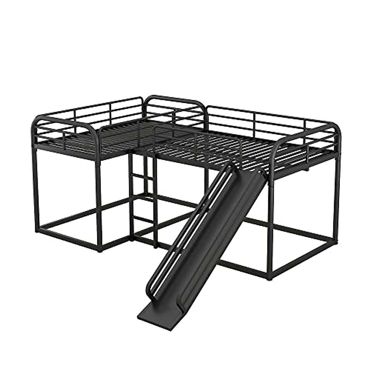 YUNLife&Home L-Shaped Quad Bunk Beds for 4, Full and Twin Size Heavy-Duty Metal Floor Bunk Bed Frame with Slide and Short Ladder for Kids Teens Girls Boys Bedroom Furniture,No Box Spring Needed