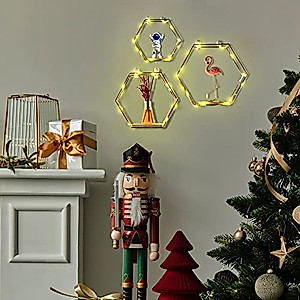 Liywall - Hexagon Floating Shelves Wall Decor, Gold Metal Wire and Wood Wall Mounted Storage Shelf Home Decorations Art for Bedroom Living Room Kitchen Bathroom, Set of 3 with LED Lights