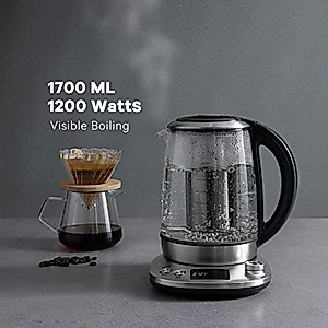 Mecity Tea Kettle Electric Tea Pot with Removable Infuser, 9 Preset Brewing Programs Tea Maker with Temprature Control, 2 Hours keep Warm, 1.7 Liter Electric Kettles, 1200W, Glass and Stainless Steel