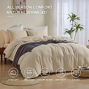 Simple&Opulence Linen Cotton Muslin Duvet Cover Set Queen Size, 3Pcs Khaki Ultra Soft Breathable 3-Layer Gauze Minimalist Comforter Cover, Seersucker Bedding Set with Zipper Closure for All Seasons