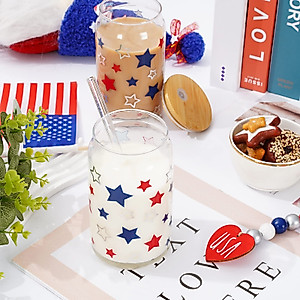 Whaline Patriotic Drinking Glasses with Bamboo Lids and Straw 4th of July Beer Can Glasses 16oz Red Blue White Star Iced Coffee Cups for Independence Day Travel Office Home Gifts, 2Pcs