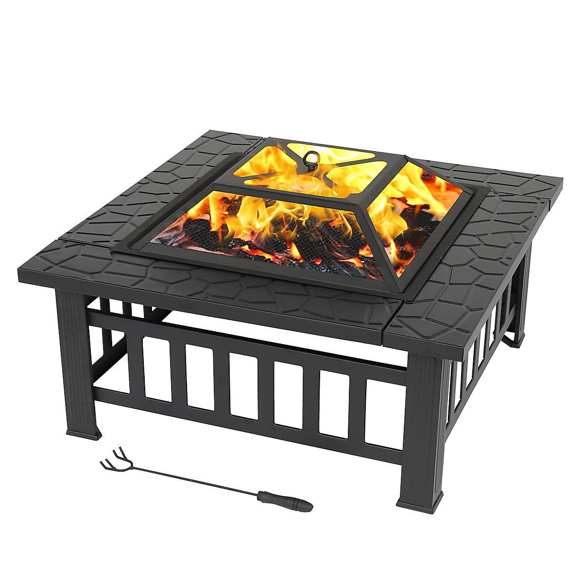 FCH 32" Outdoor Square Fire Pit with BBQ Rack, Rain Cover, Spark Screen Top and Poker Metal Firepit for Outside Backyard Patio Garden Terrace